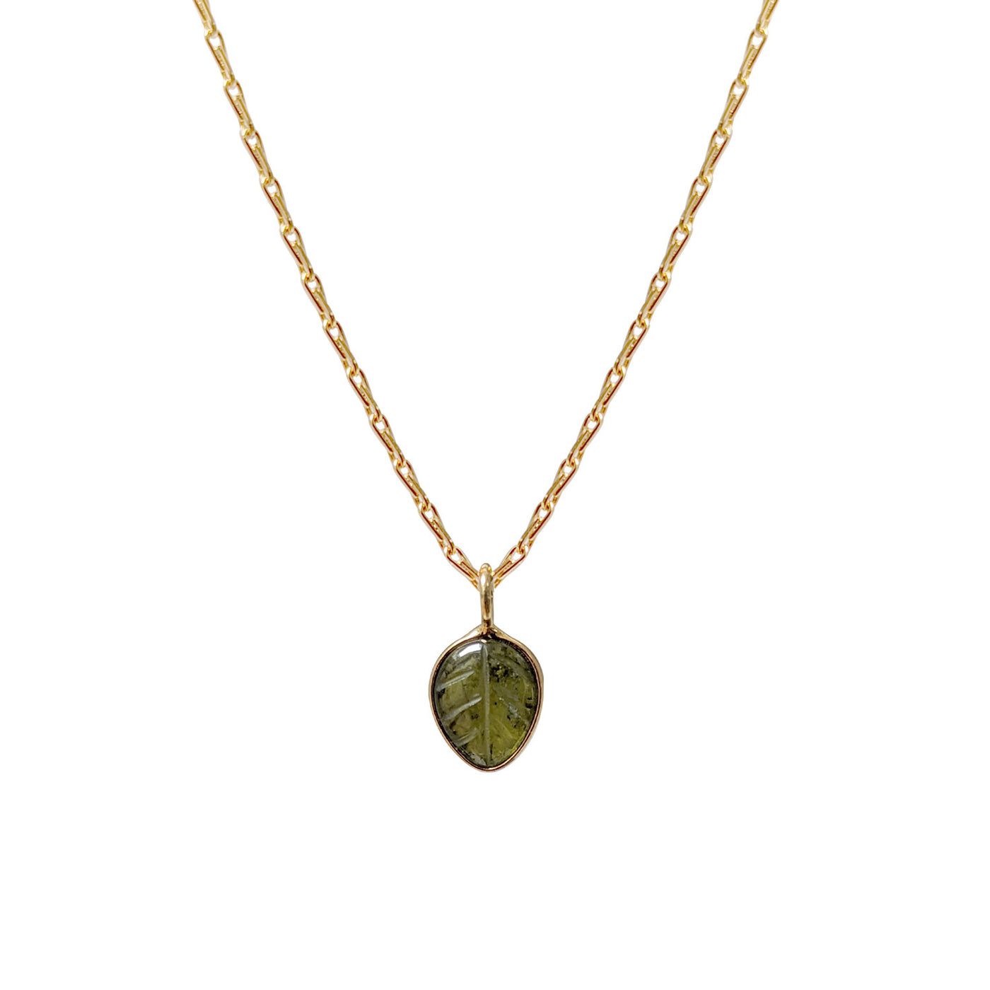 Peridot Carved Leaf Pendant on mini torsade chain